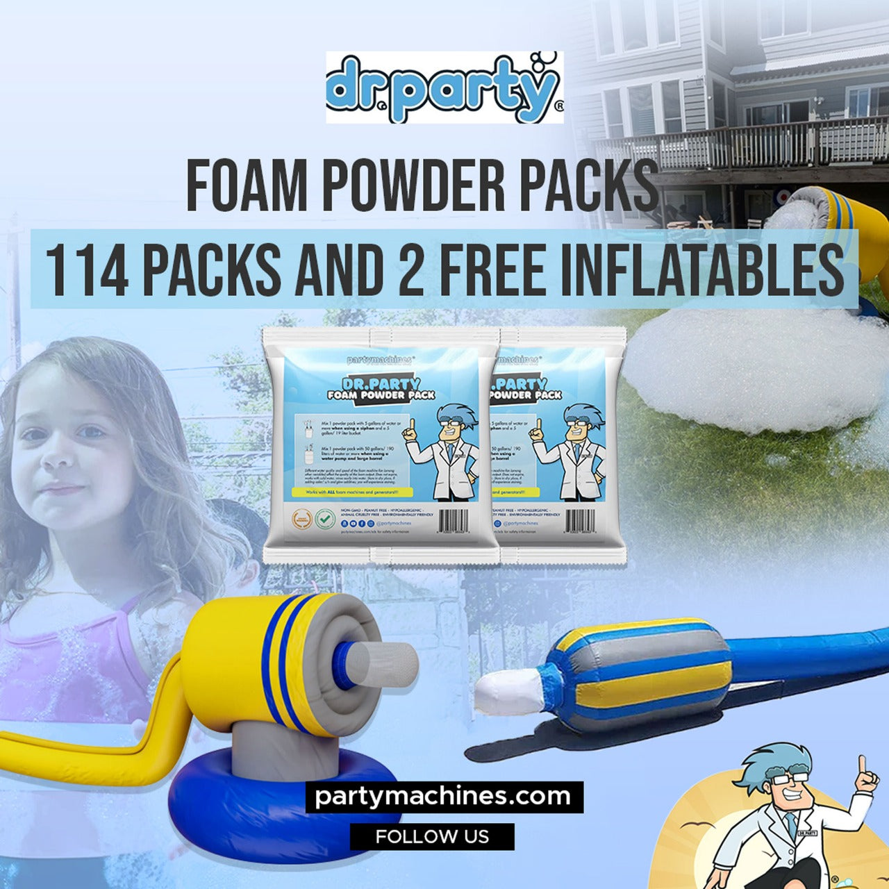FOAM POWDER PACKS – 114 PACKS and 2 FREE Inflatables – Partymachines